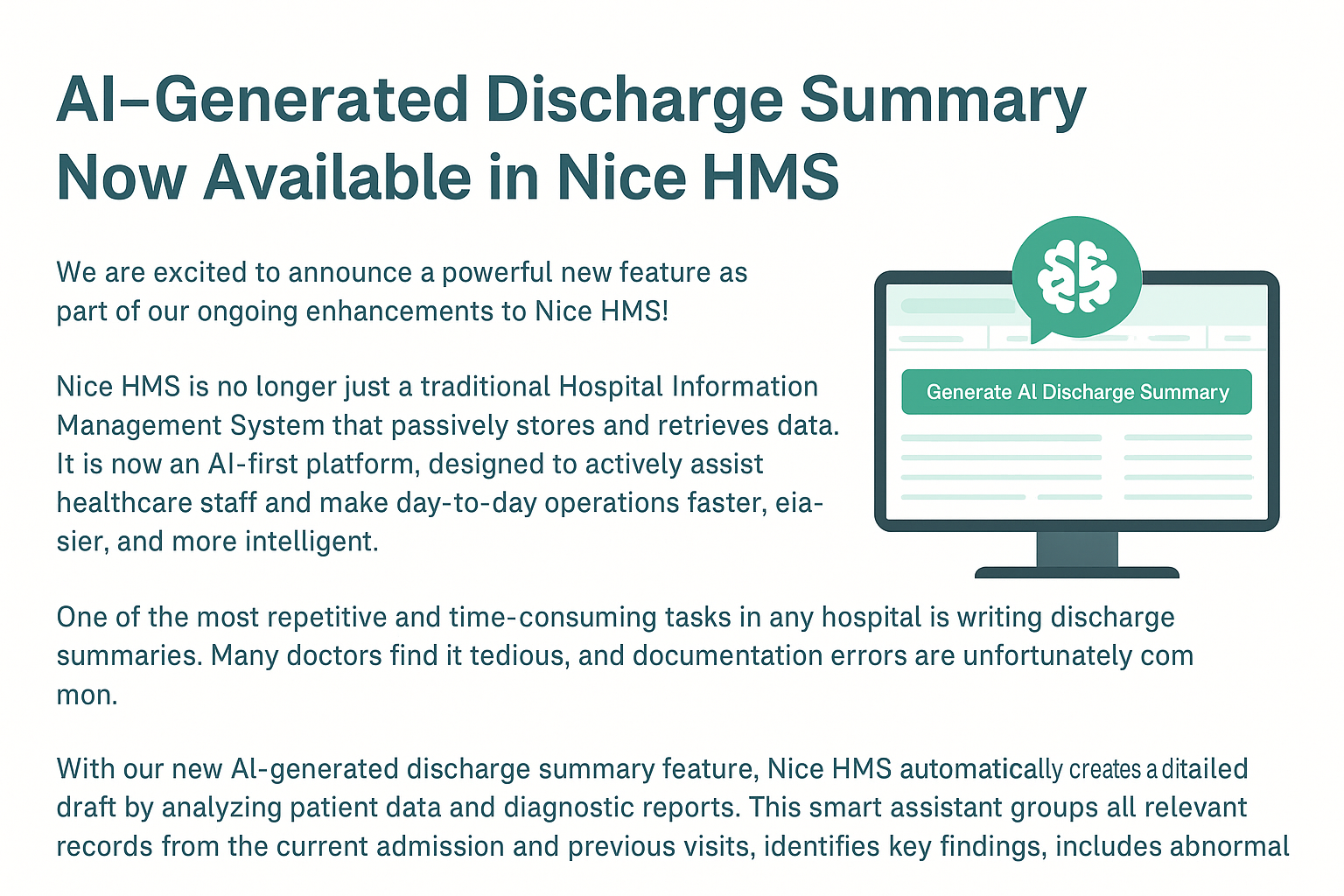 AI-Generated Discharge Summary Now Available in Nice HMS